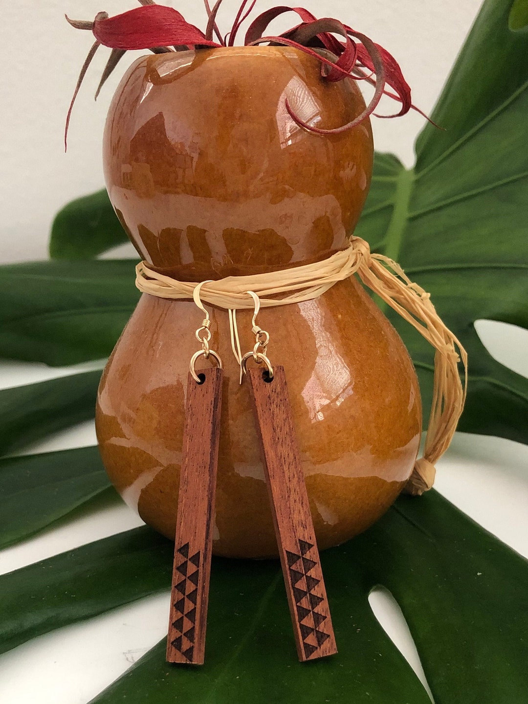 Huinakolu, Triangle, Kapa Design Hawaiian Koa Wood Earring, 14K Gold ...