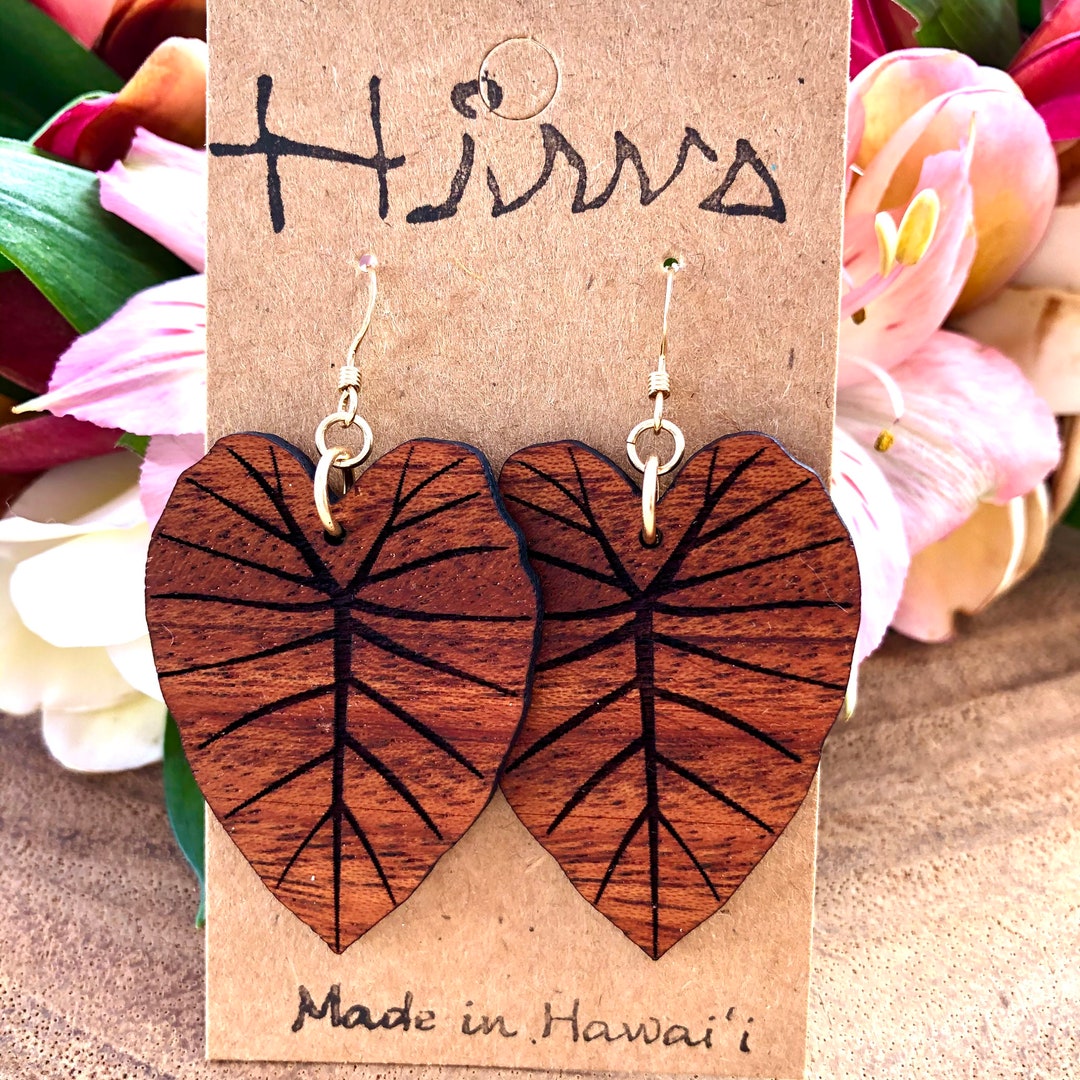 Kalo Hawaiian Koa Wood Earring, 14K Gold Filled Earrings, Sterling ...