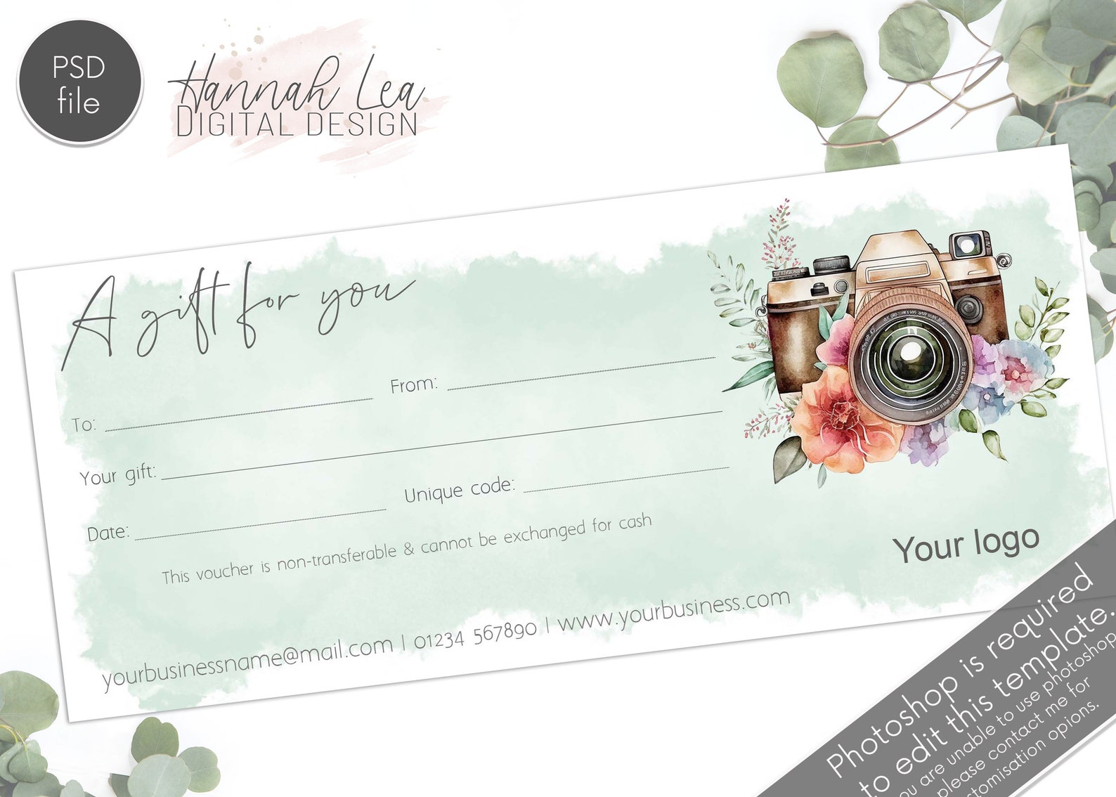 Photographer Gift Voucher Template, Floral Camera Design (PSD) - Etsy