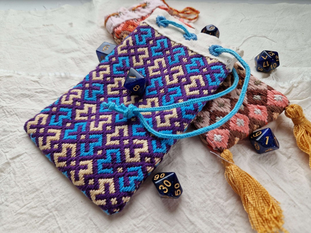 Medieval Embroidered Coin Purse, Purple Yellow Blue Almoner RPG Dice ...