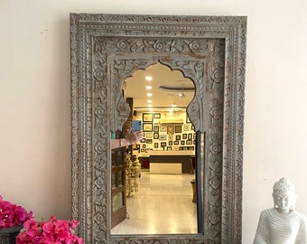 Indian Handcarved Wooden Jharokha Mirror, Distressed Rustic Finish ...