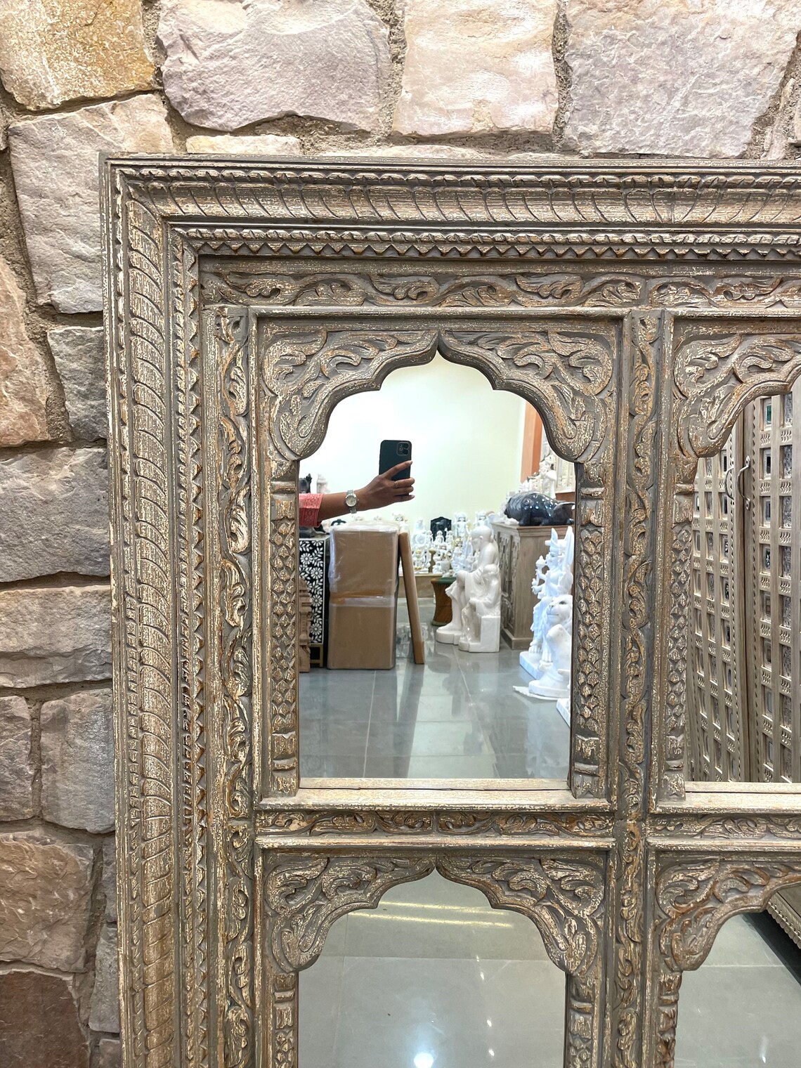 Indian Hand Carved 4 Jharokha Mirror, Wooden Frame in Distressed Rustic ...
