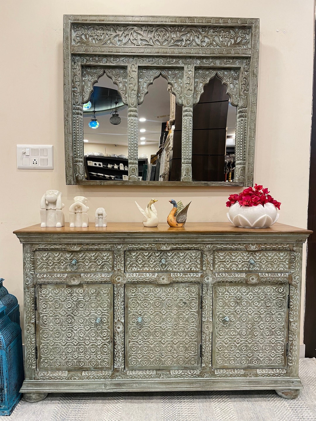 Indian Jharokha Mirror, Triple Arch Frame, Handcarved Wooden Mirror ...