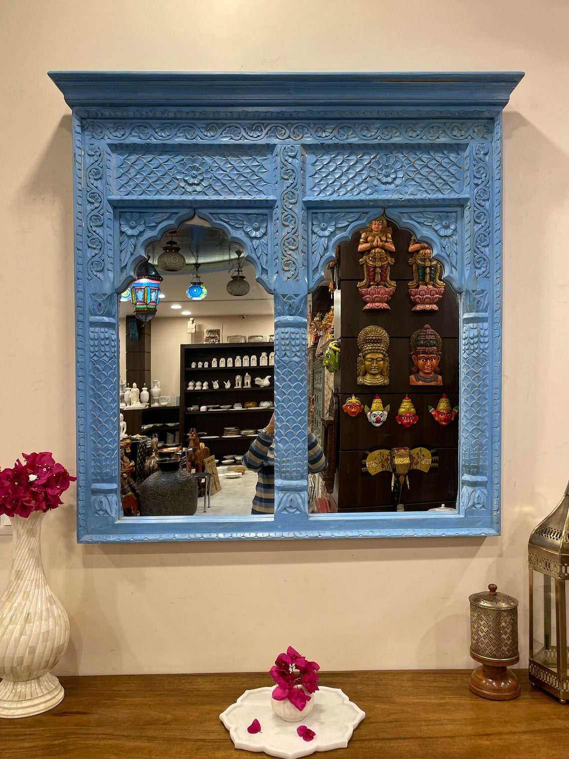 Indian Jharokha Mirror, Double Arch Frame, Handcarved Wooden Mirror ...