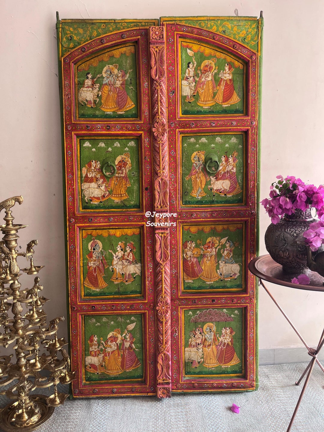 Wooden Antique Door With Indian Miniature Hand Painting, Radha Krishna ...