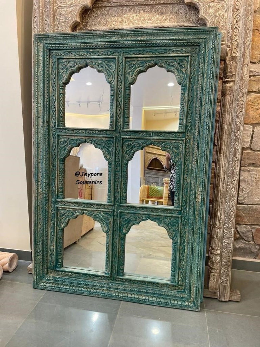Indian Hand Carved 6 Jharokha Mirror, Wooden Frame in Distressed Rustic ...