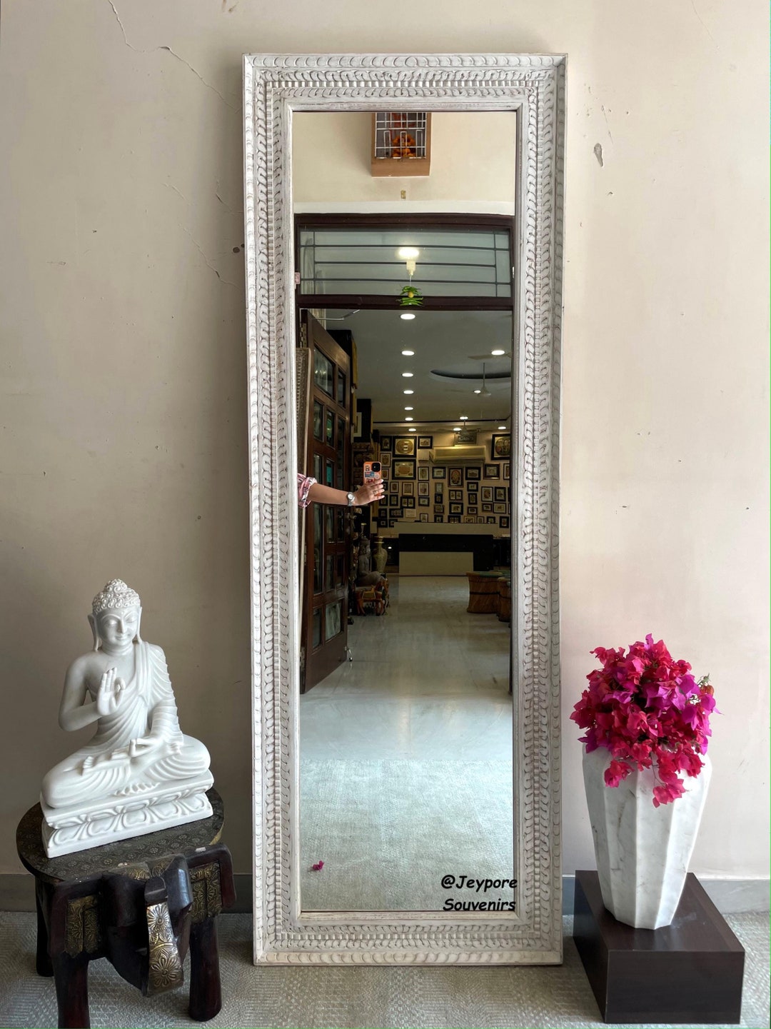 Indian Hand Carved Long Standing Vanity Wooden Mirror, Distressed ...