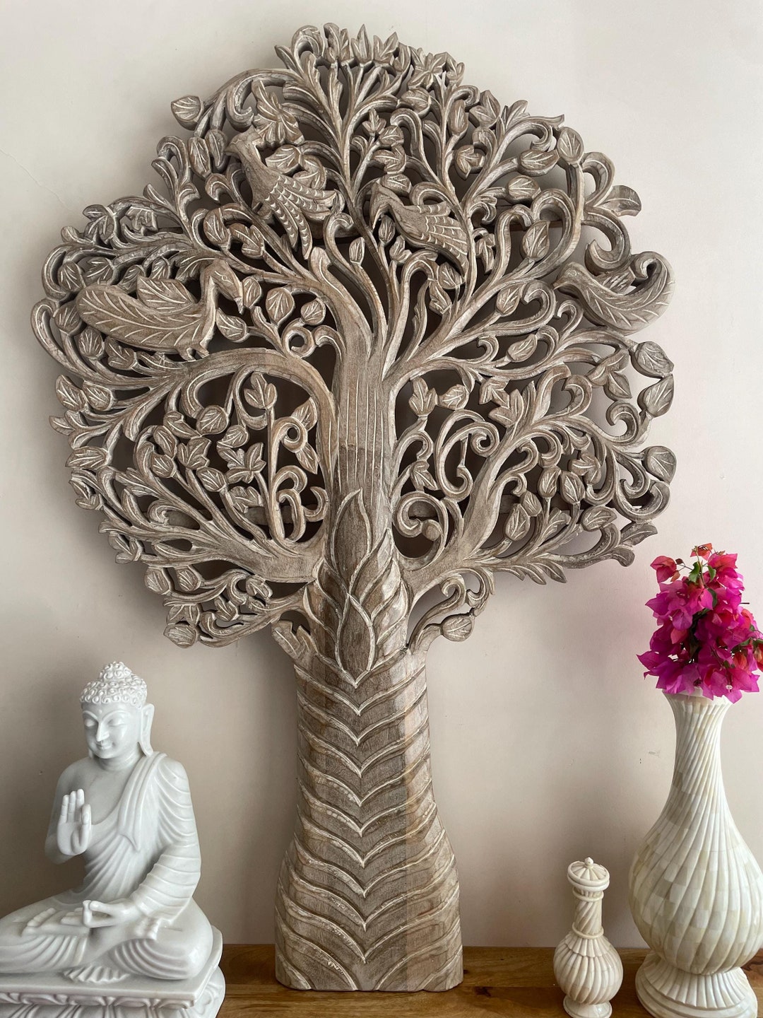 Handcarved Wooden Tree of Life, Wooden Wall Panel, Birds Perched on ...