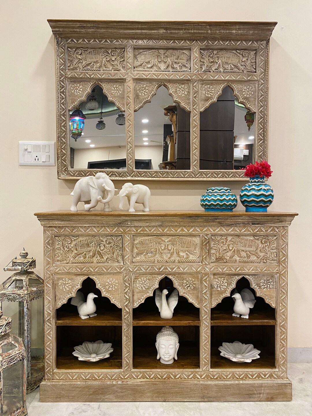 Indian Jharokha Mirror, Triple Arch Frame, Handcarved Wooden Mirror ...