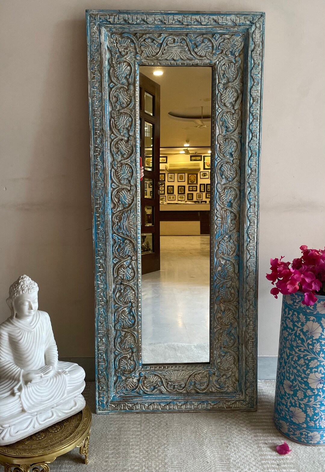 Indian Handcarved Wooden Mirror, Distressed Rustic Finish, Intricately ...