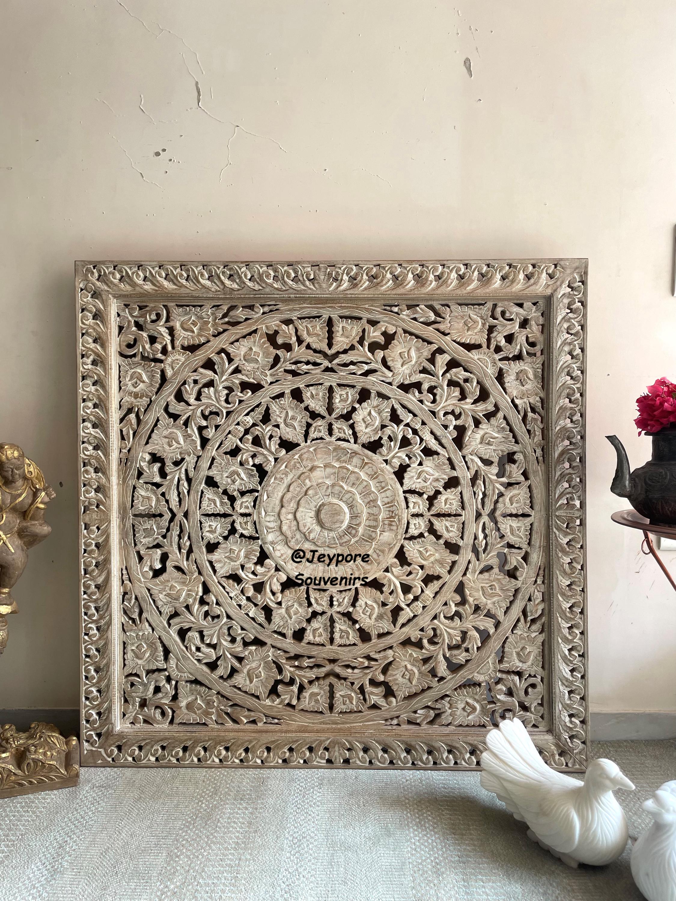 Wooden Wall Hanging With Mandala Pattern, Hand Carved Indian Wall Panel ...