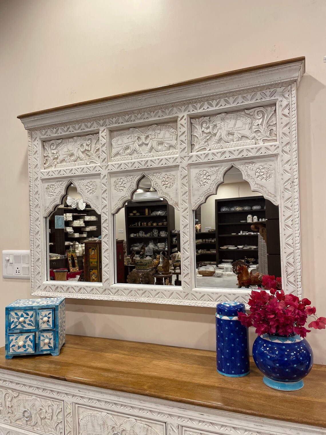 Indian Jharokha Mirror, Triple Arch Frame, Handcarved Wooden Mirror ...