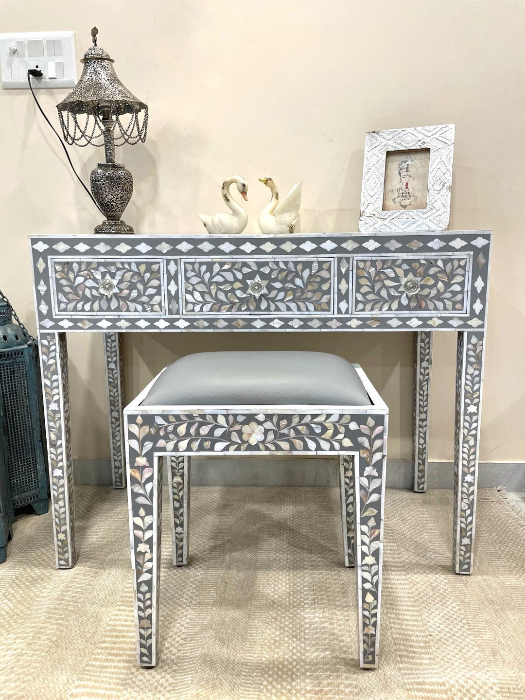 Mother of Pearl Inlay Vanity Console With Matching Stool , Console ...