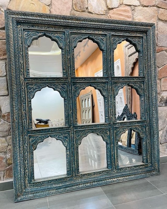 Indian Hand carved 9 Jharokha Mirror Wooden frame in Distressed Rustic Finish Indian Wall Mirror home decor furniture Haveli style Mirror