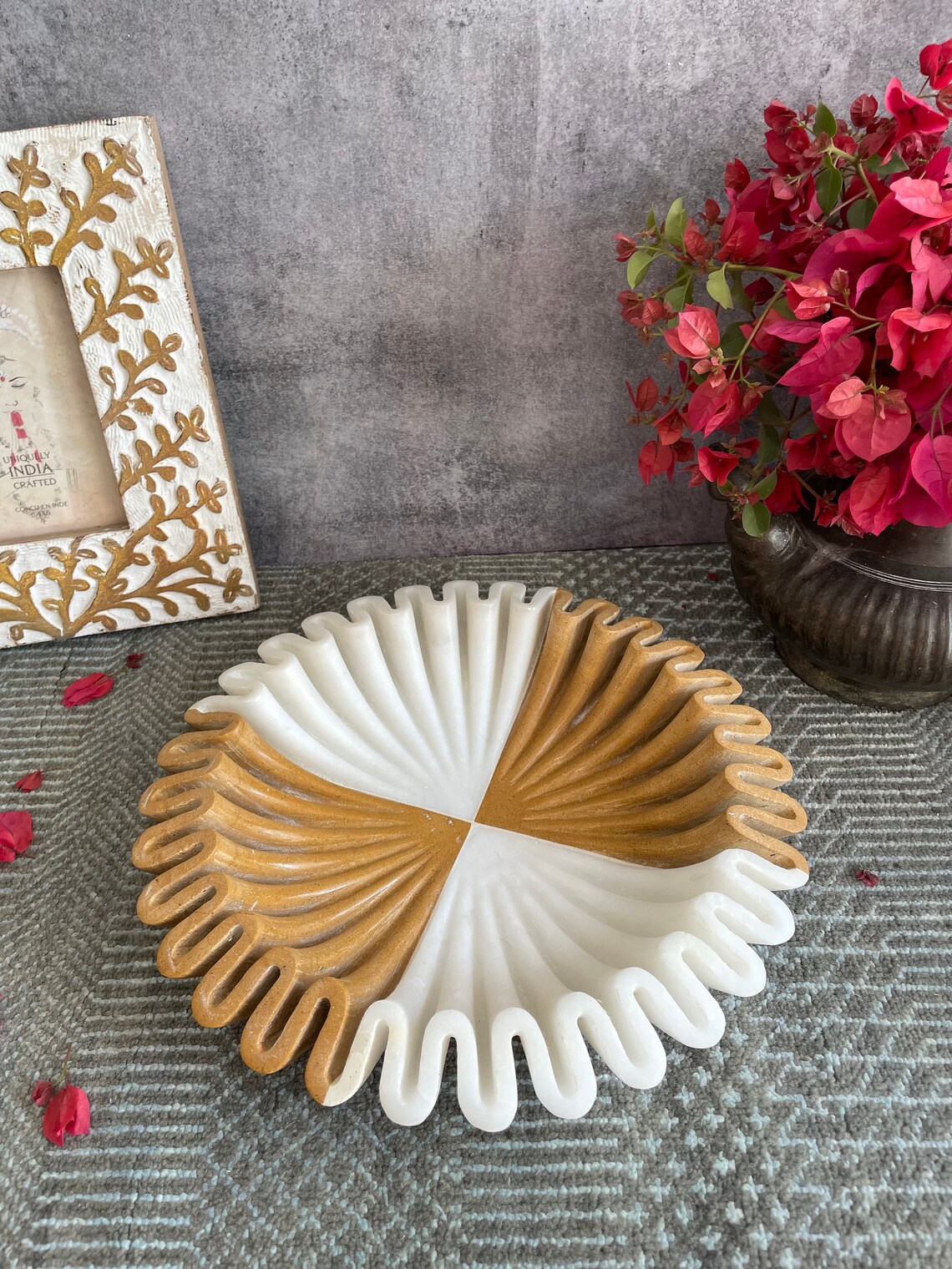 Ruffle Marble Bowl Made of Natural Mustard and White Marble, Decorative ...