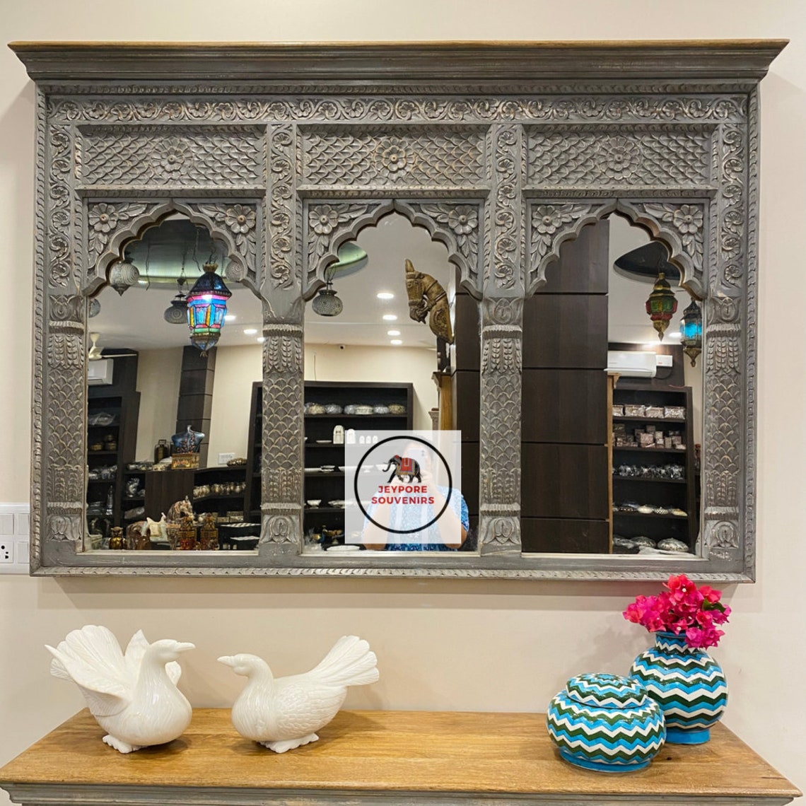 Indian Jharokha Mirror/frame, Triple Arch Frame, Handcarved Wooden ...