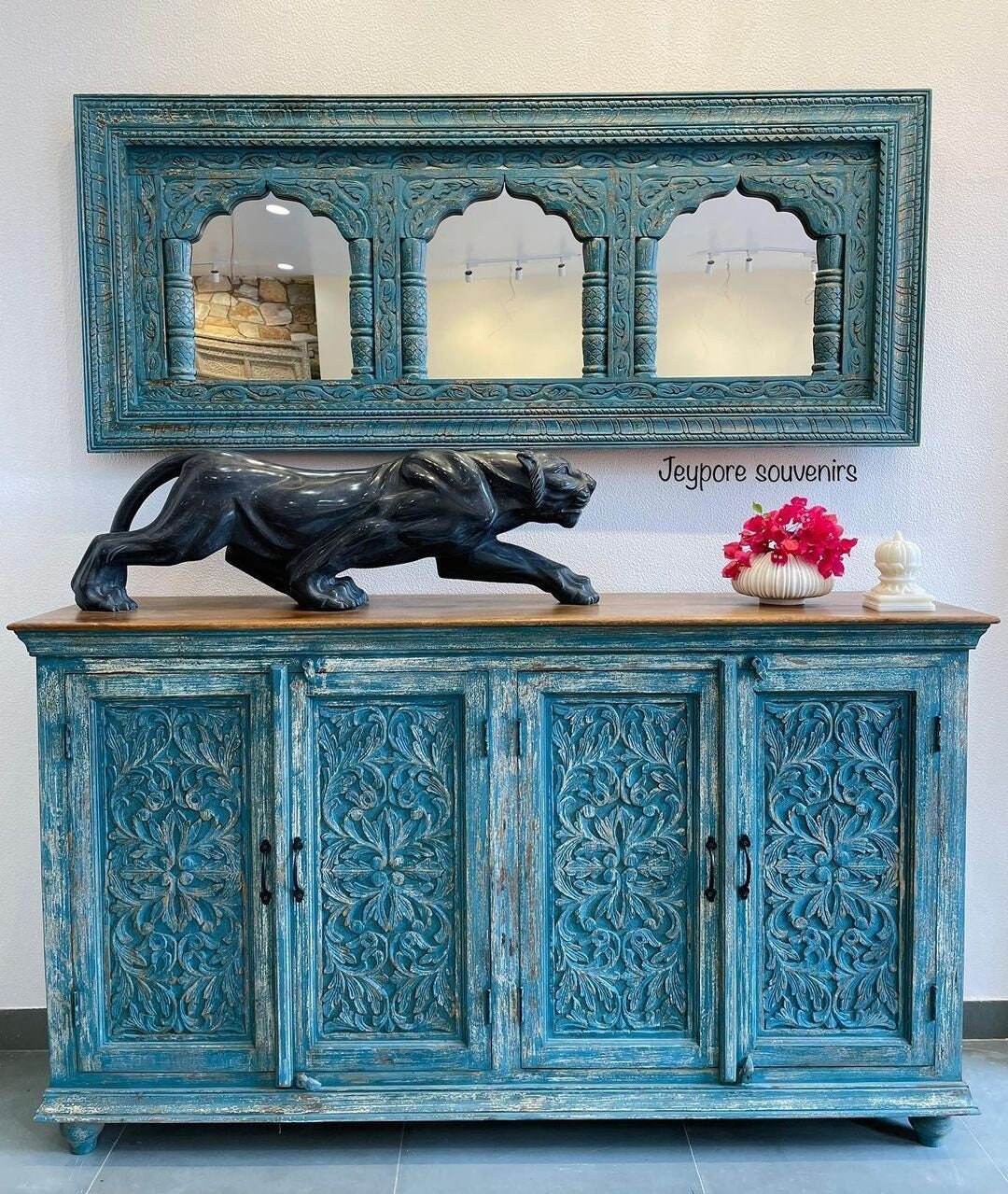 Hand Carved Mirror and Cabinet, Indian Wooden Console Table, Distressed ...