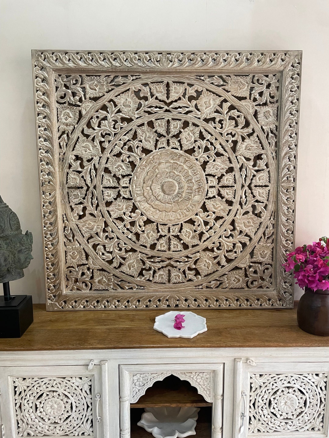 Wooden Wall Hanging With Mandala Pattern, Hand Carved Indian Wall Panel ...