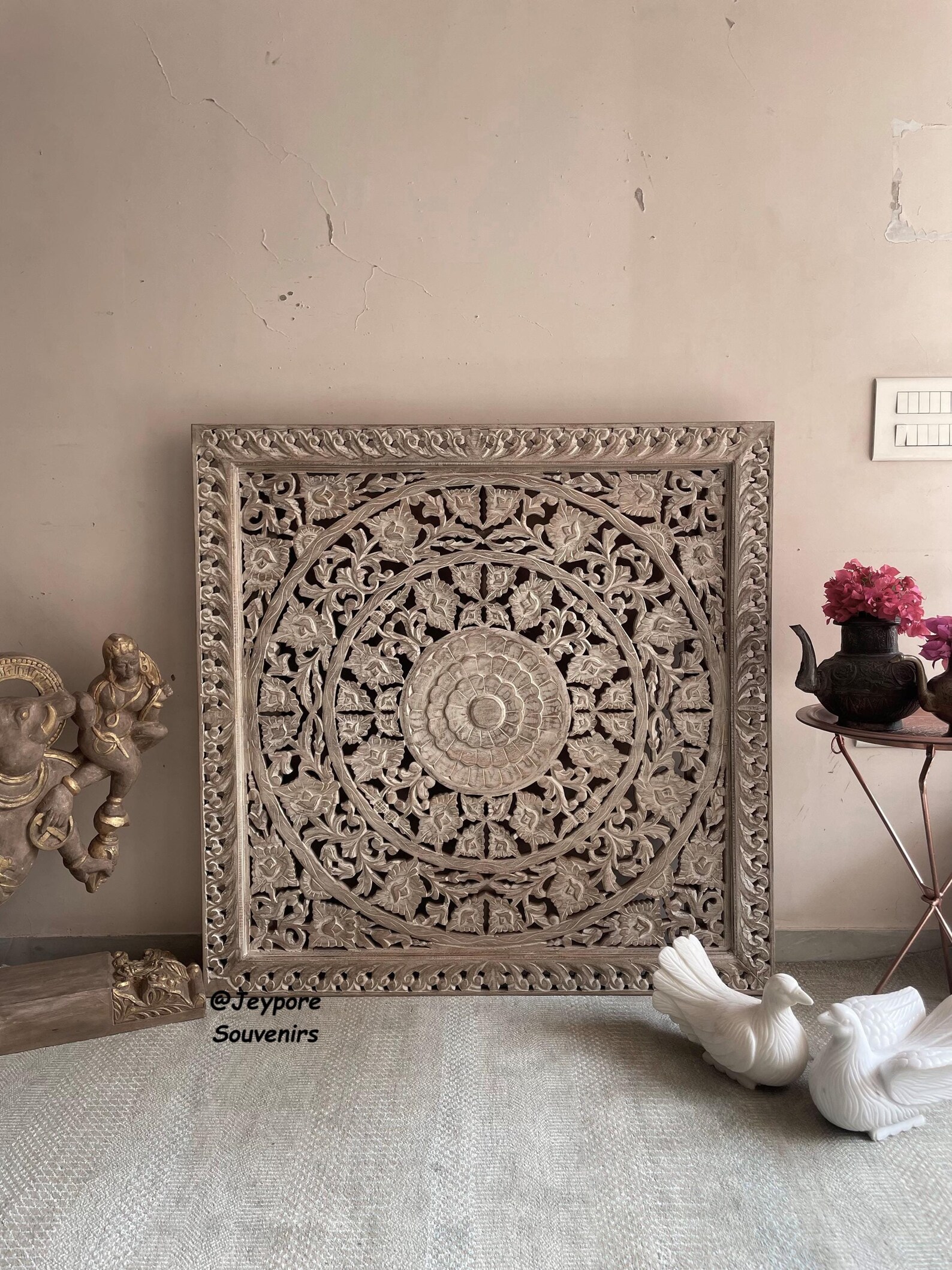 Wooden Wall Hanging With Mandala Pattern, Hand Carved Indian Wall Panel ...