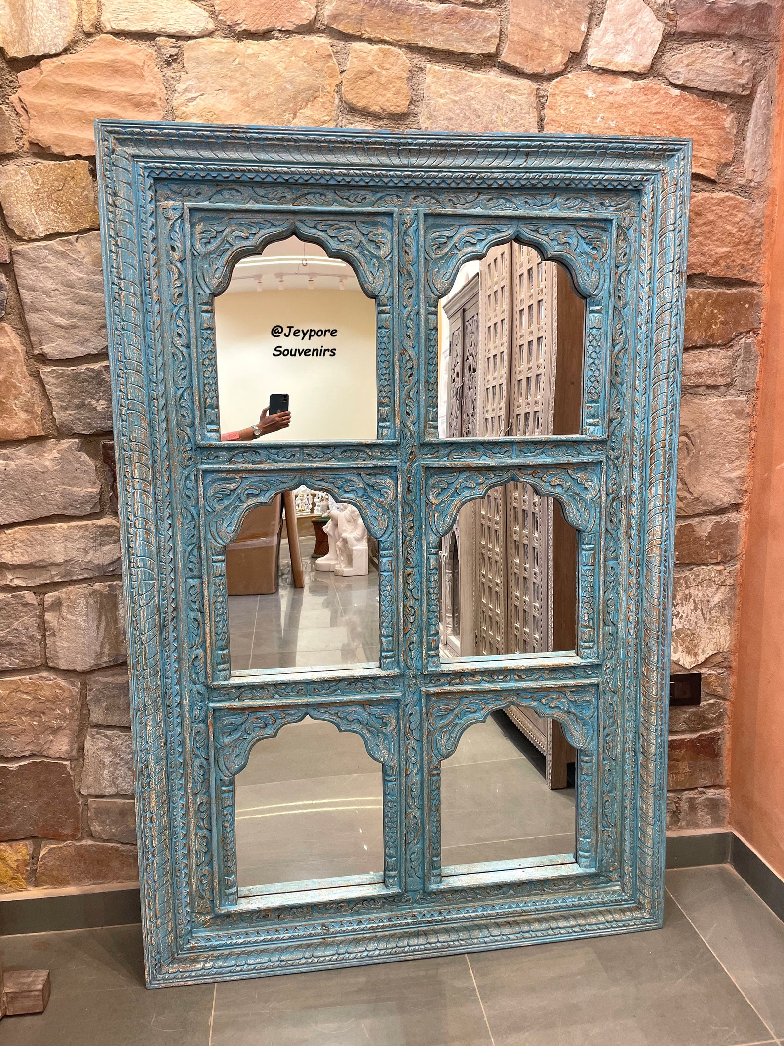 Indian Hand Carved 6 Jharokha Mirror, Wooden Frame in Distressed Rustic ...