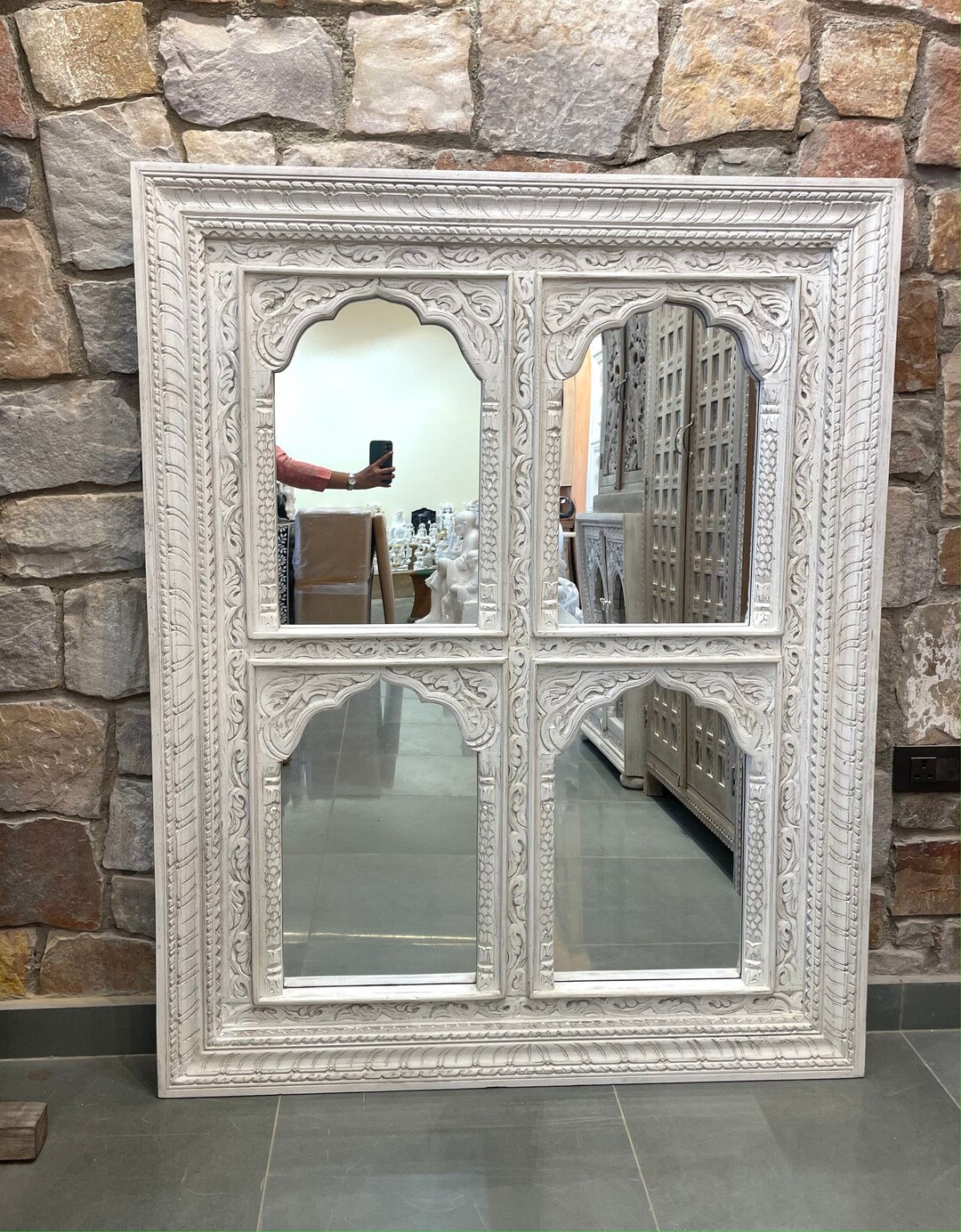 Indian Hand Carved 4 Jharokha Mirror, Wooden Frame in Distressed Rustic ...