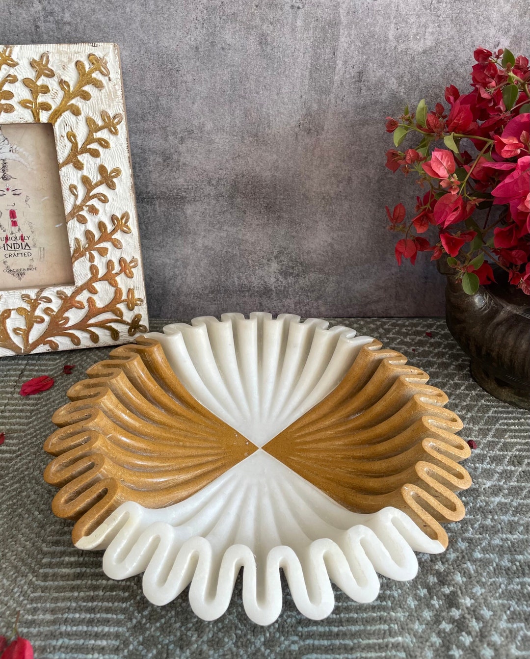 Ruffle Marble Bowl Made of Natural Mustard and White Marble, Decorative ...