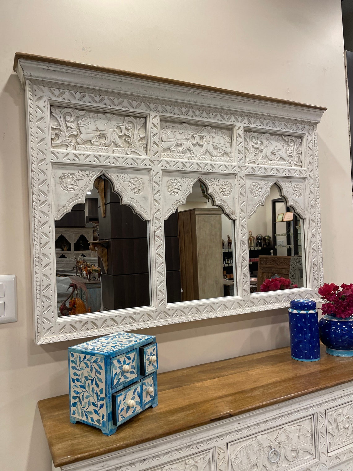 Indian Jharokha Mirror, Triple Arch Frame, Handcarved Wooden Mirror ...