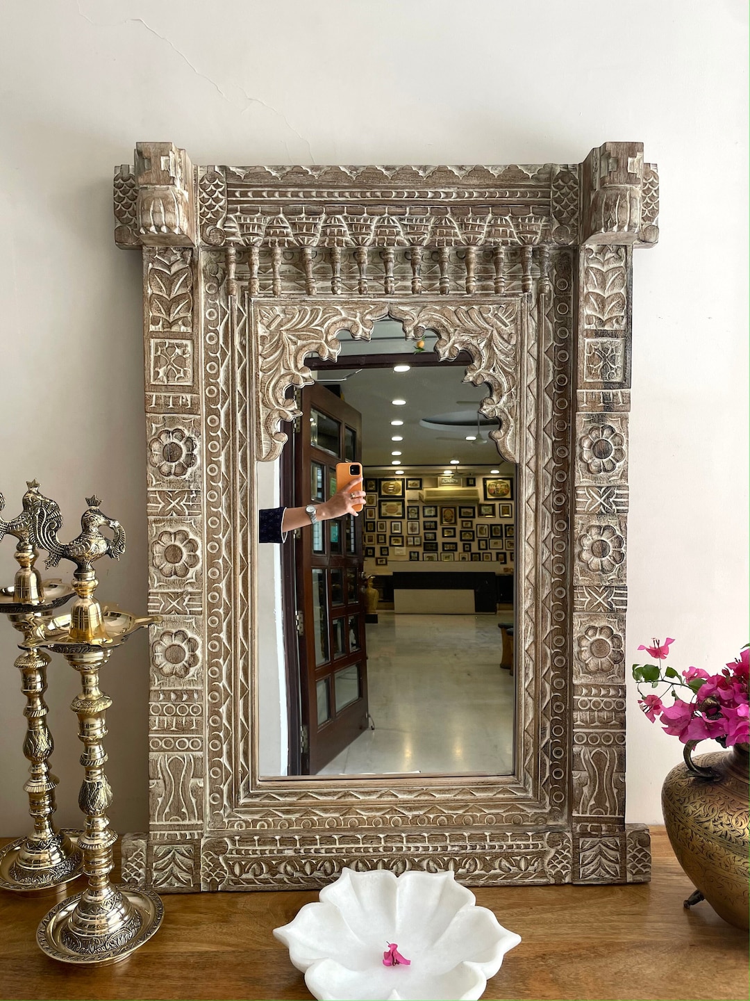 Indian Handcarved Wooden Jharokha Mirror, Distressed Rustic Finish ...