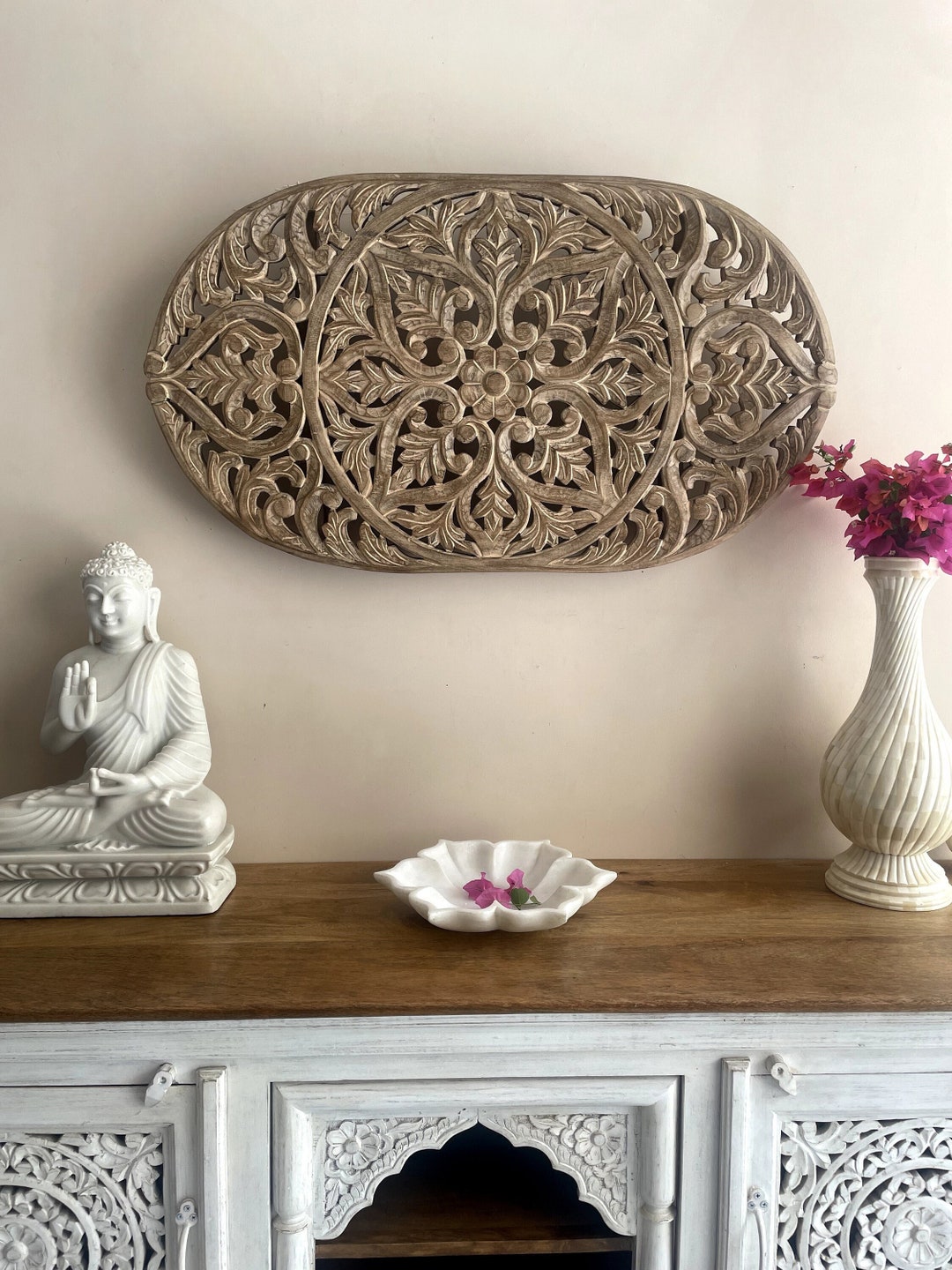Wooden Wall Hanging With Mandala Pattern, Hand Carved Indian Wall Panel ...