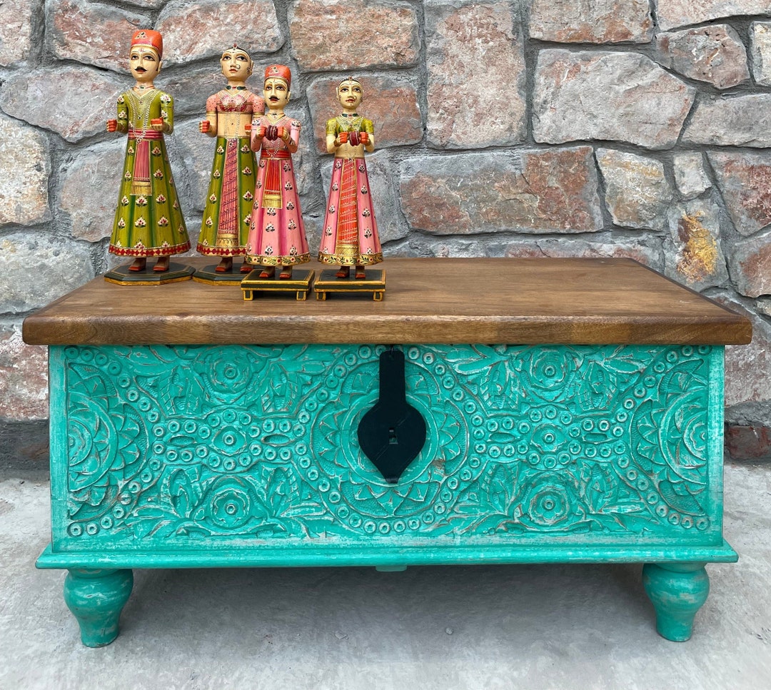 Hand Carved Storage Trunk, Chest Box, Indian Handmade Wooden Table ...