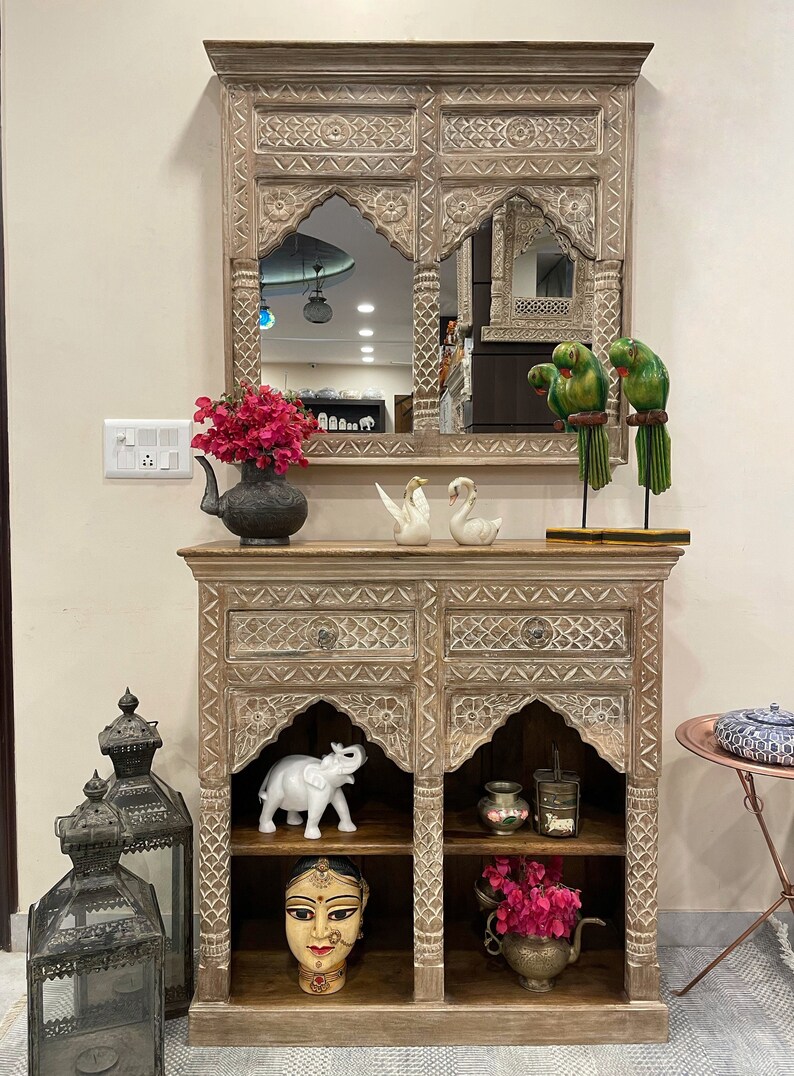 Indian Jharokha Mirror, Double Arch Frame, Handcarved Wooden Mirror ...