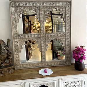Indian Hand Carved 4 Jharokha Mirror, Wooden Frame in Distressed Rustic ...