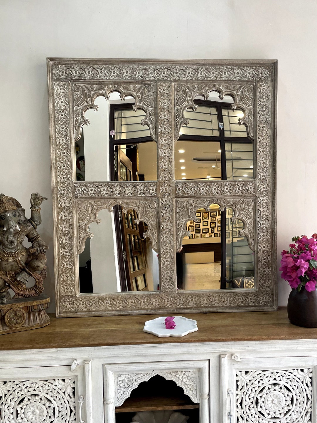 Indian Hand Carved 4 Jharokha Mirror, Wooden Frame in Distressed Rustic ...