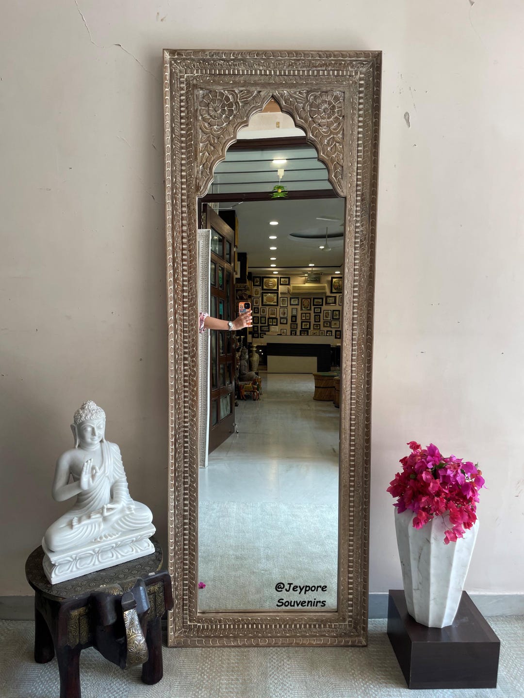 Indian Hand Carved Long Standing Vanity Wooden Mirror, Distressed ...