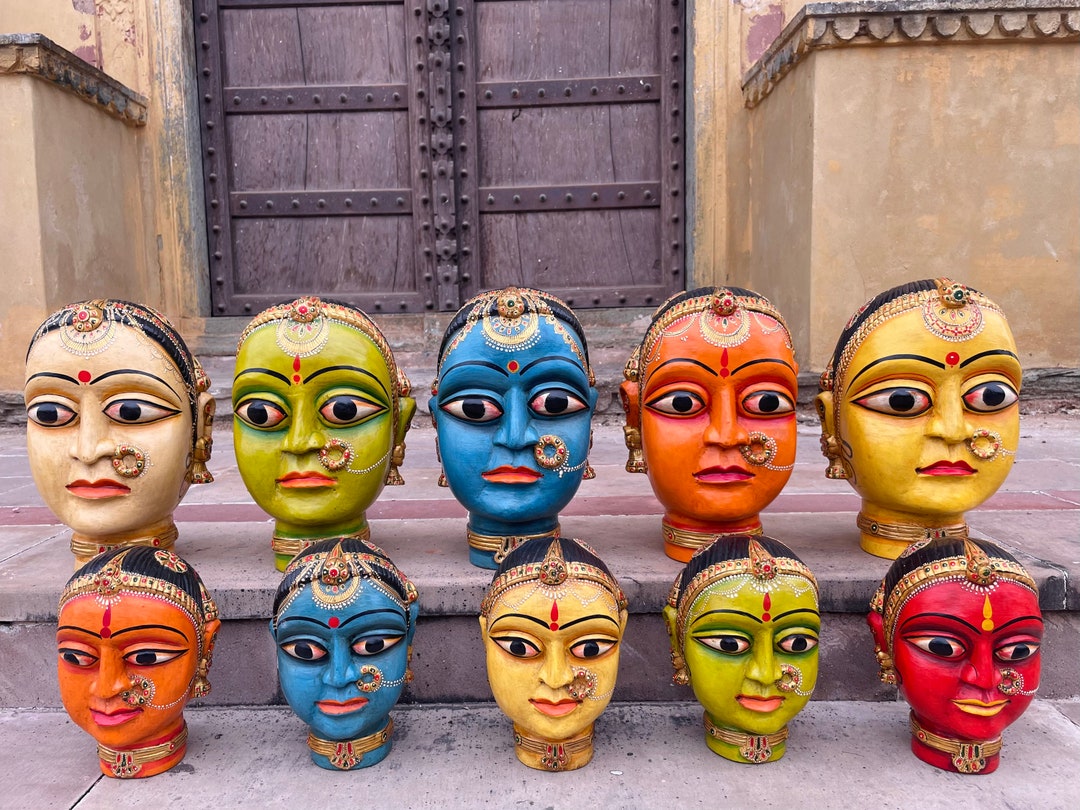 Handmade Wooden Gauri Head, Wooden Lady Figurine, Antique Wooden Statue ...