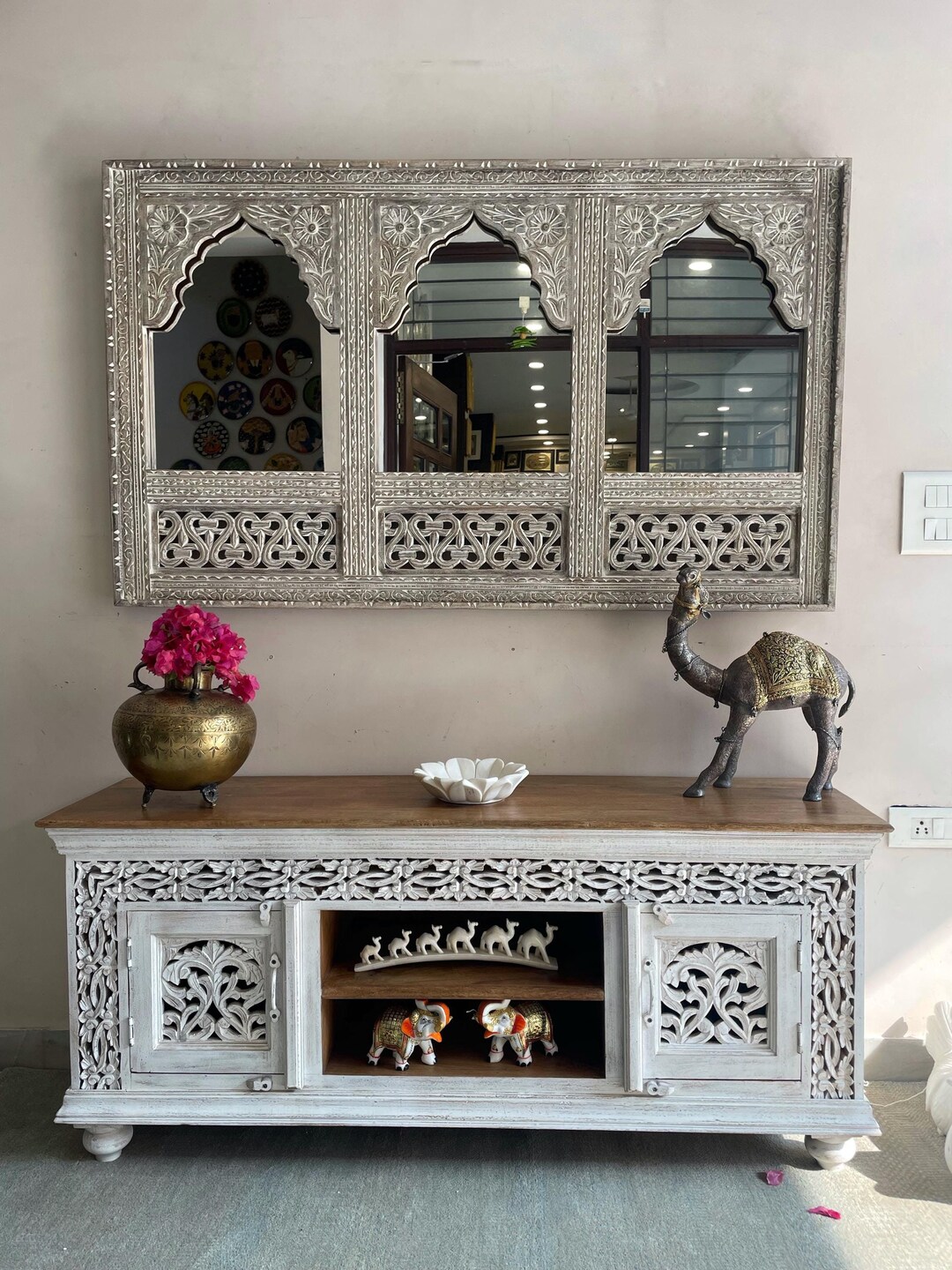 Indian Jharokha Mirror/frame, Triple Arch Frame, Handcarved Wooden ...