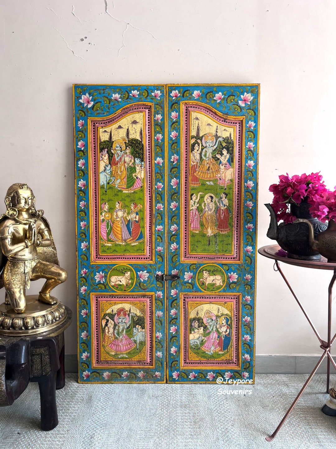 Wooden Door With Indian Miniature Radha Krishna Painting, Antique Door ...