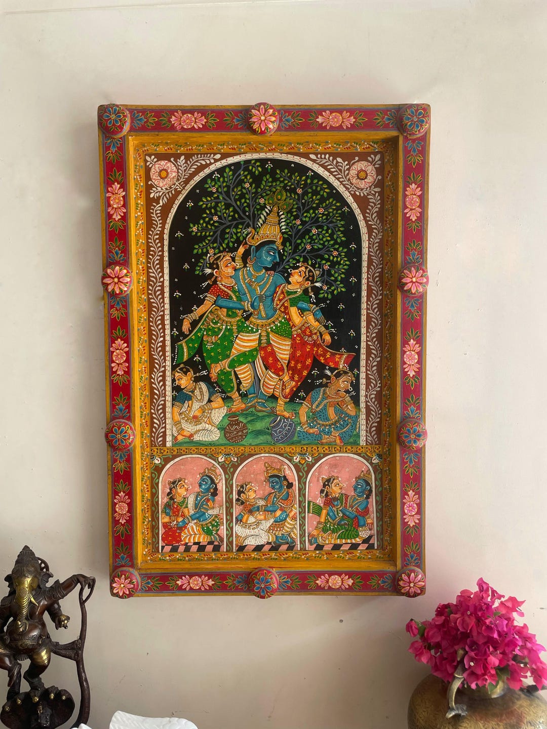 Wooden Panel With Indian Miniature Painting, Radha Krishna Hand Painted ...