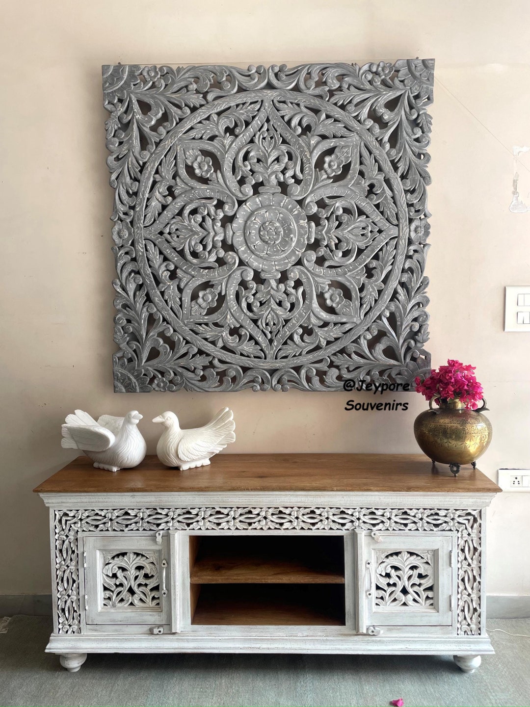 Wooden Wall Hanging With Mandala Pattern, Hand Carved Indian Wall Panel ...