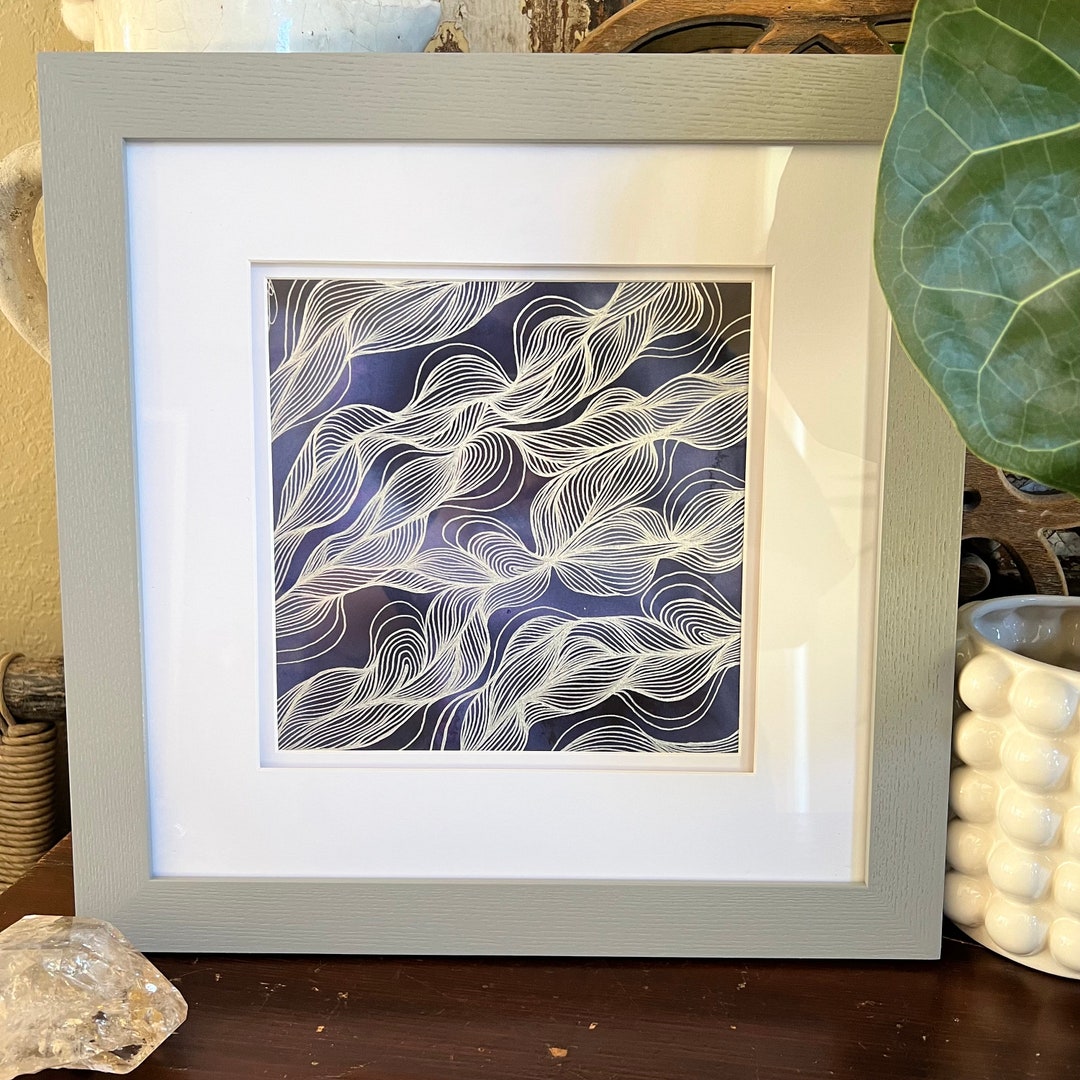 Original 8x8 Framed Abstract Line Art Drawing on Hand-dyed Paper - Etsy