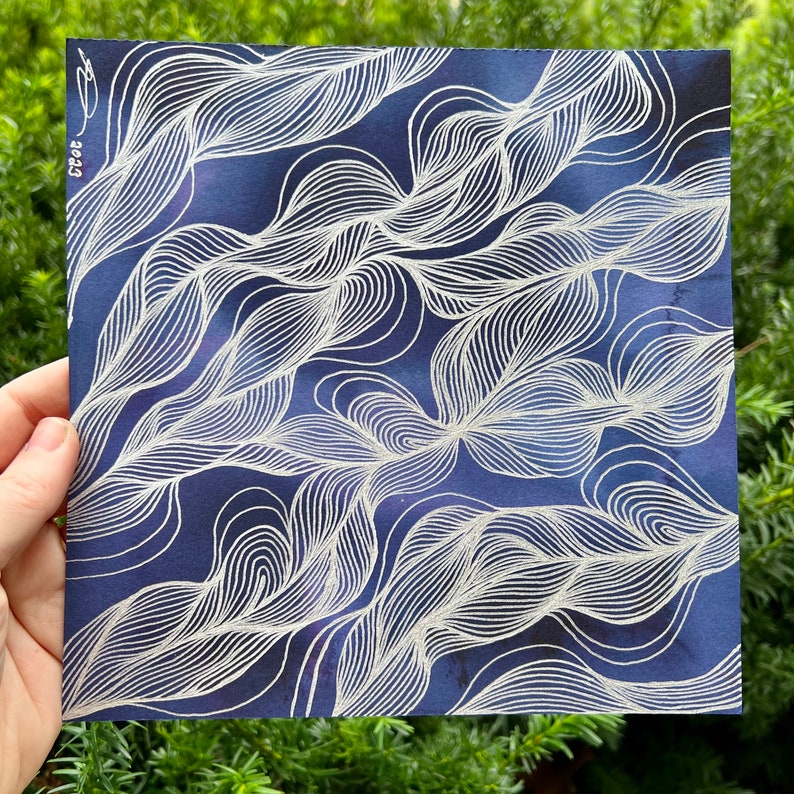 Original 8x8 Framed Abstract Line Art Drawing on Hand-dyed Paper - Etsy