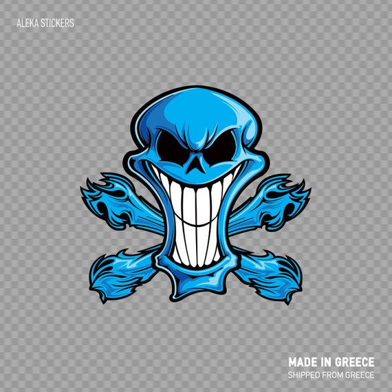 Decal Sticker Cartoon Blue Skull Blue Happy Smile Crossbone | Etsy