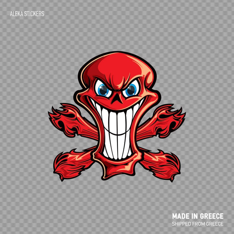 Decal Sticker Cartoon Red Skull With Blue Eyes Crossbone Smile ...
