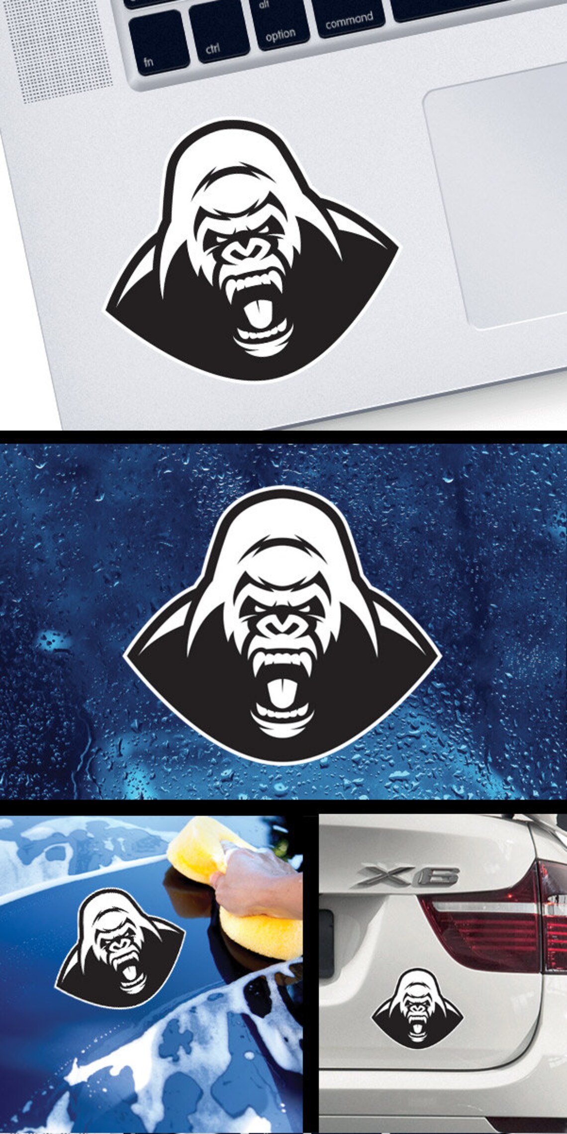 Decal Sticker Angry Gorilla Ape Head Forest Jungle Roaring Angry Black ...