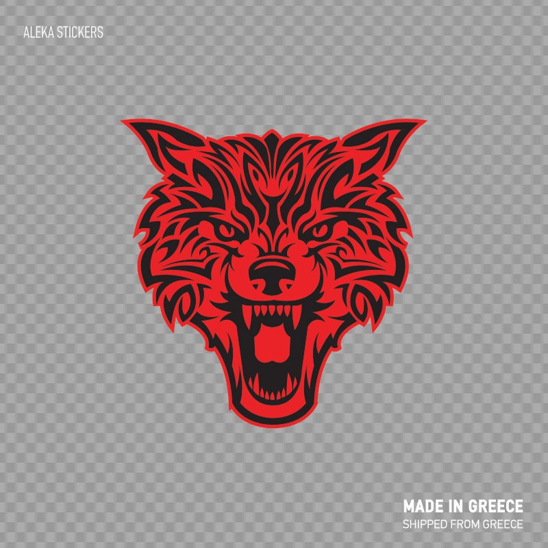 Decal Sticker Red Wolf Head Tribal Art Complex Design Roaring Malicious ...