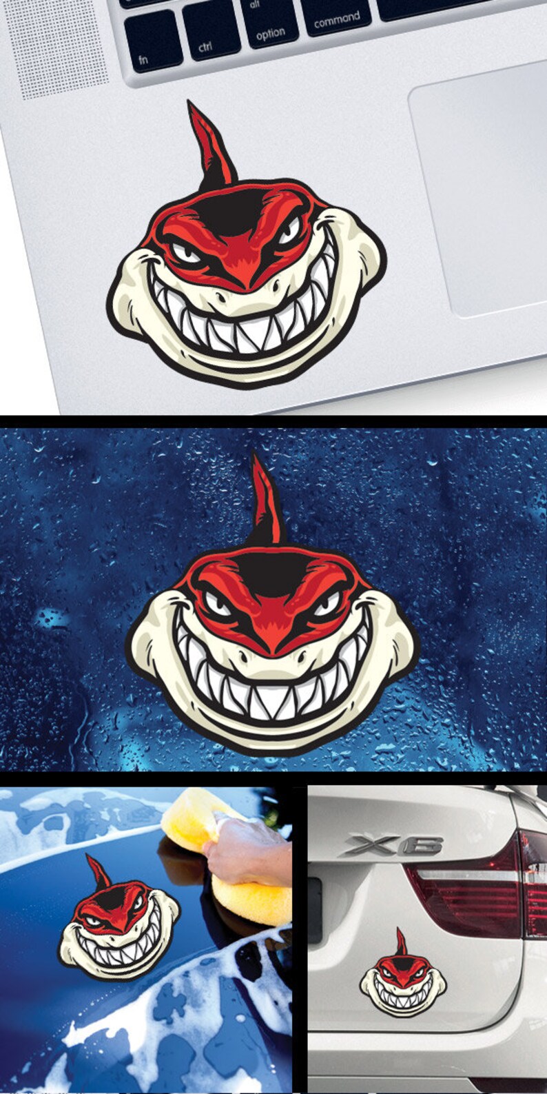 Decal Sticker Red Shark Attacks Apnea Ocean Top Quality Vinyl Angry ...
