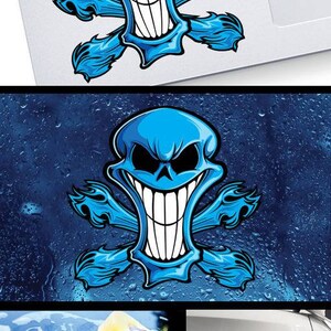 Decal Sticker Cartoon Blue Skull Blue Happy Smile Crossbone Motorbike ...