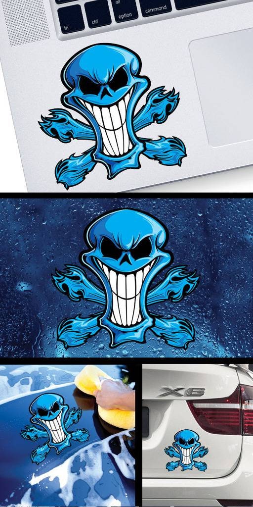 Decal Sticker Cartoon Blue Skull Blue Happy Smile Crossbone Motorbike ...
