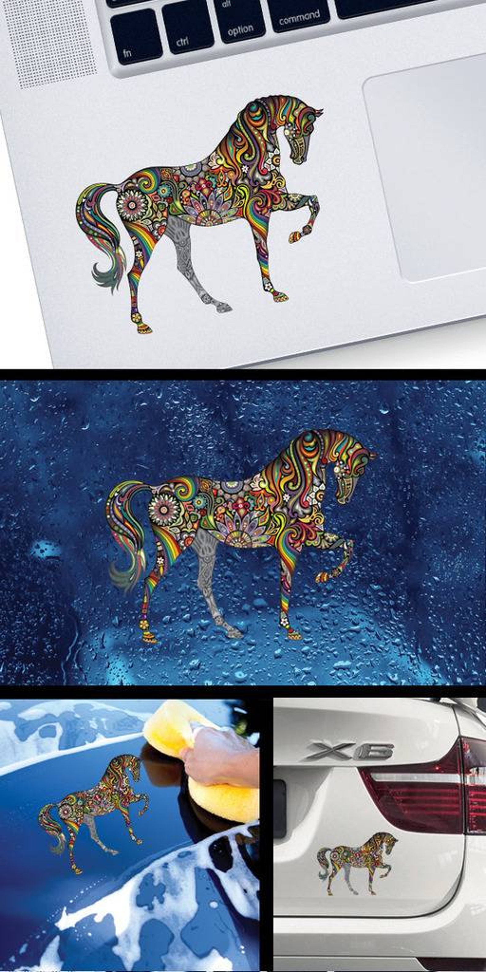 Decal Sticker Floral Horse Traditional Art Full Color Feng Shui ...