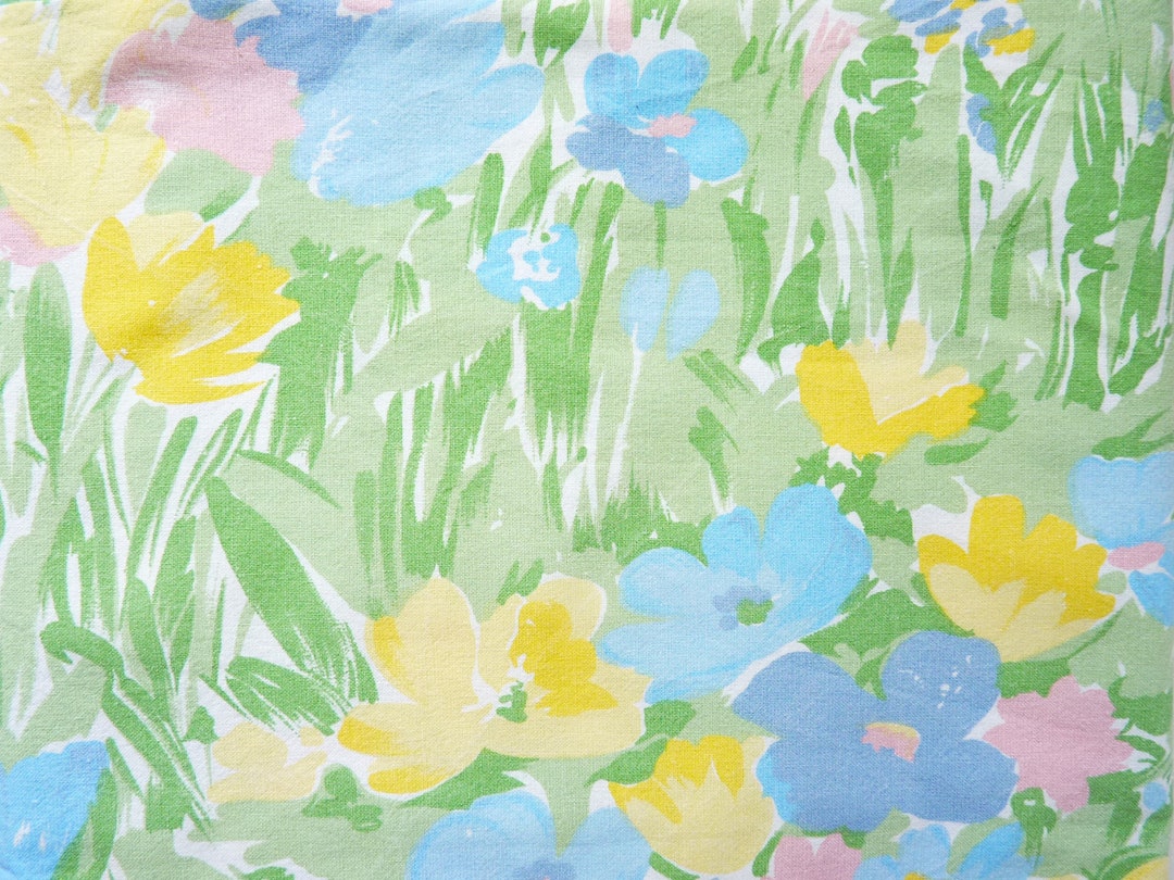 Vintage Pastel Flower Meadow, Blue Green Colorful Hippie Flowers, 70s ...